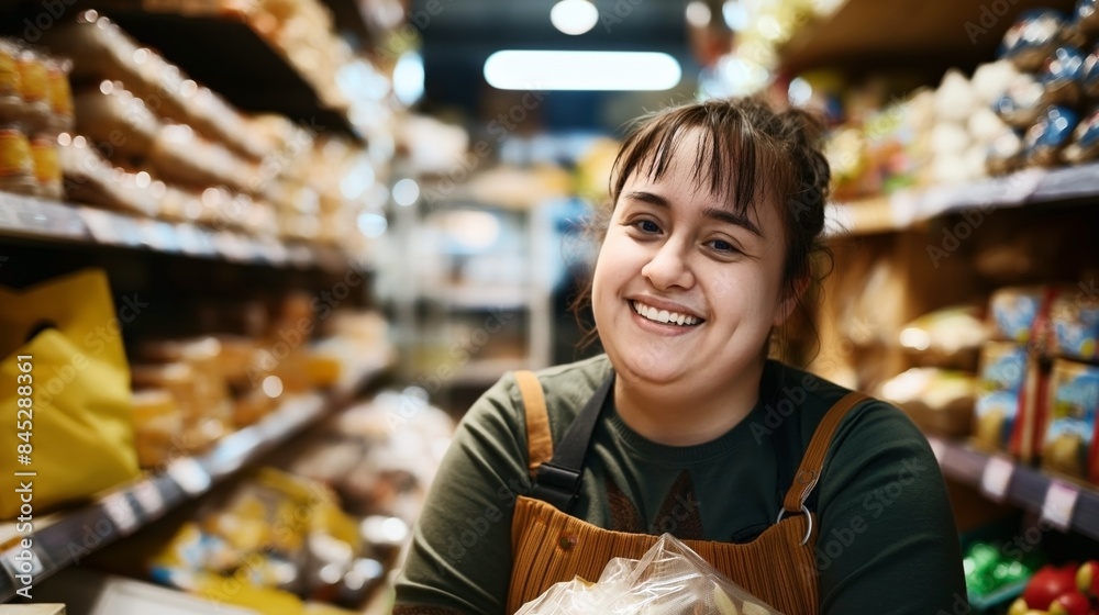 Foto de Smiling grocery store employee posing in an aisle filled with ...