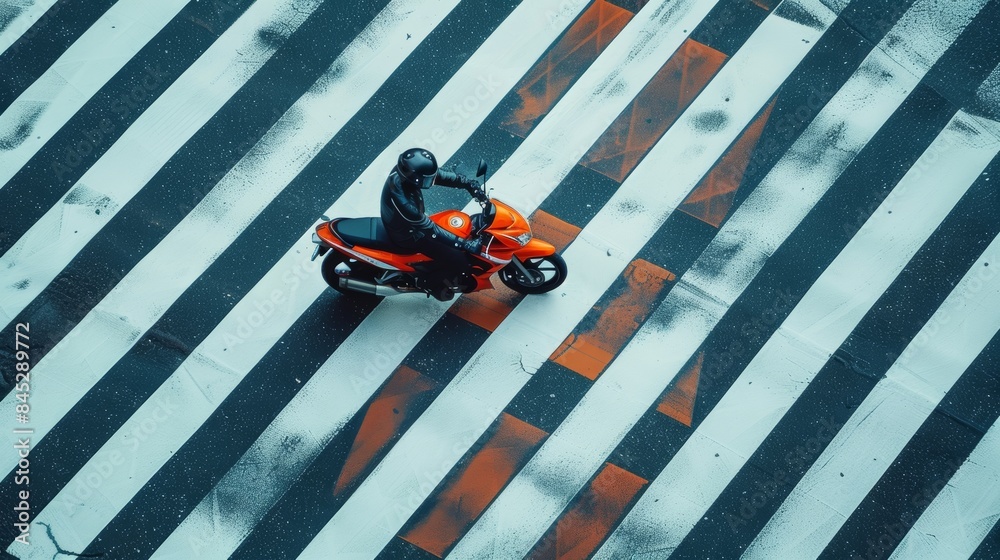 Bustling street from a bird's-eye view, where deliveryman maneuvers his ...