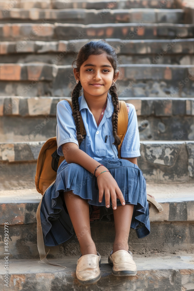 poor indian school girl sitting on stair Stock Photo | Adobe Stock