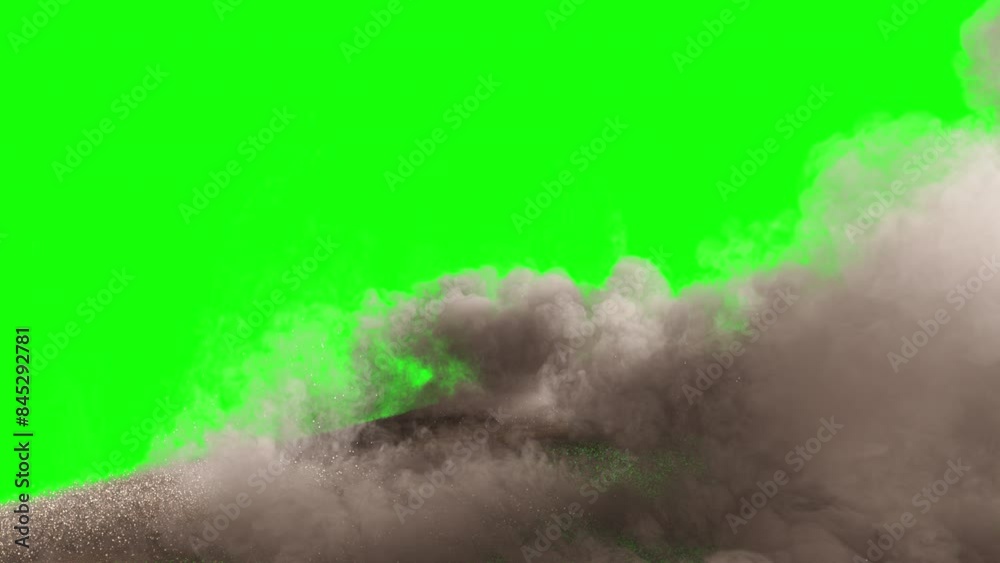 a wall of sand collapses on a green background. 3d animation of the ...