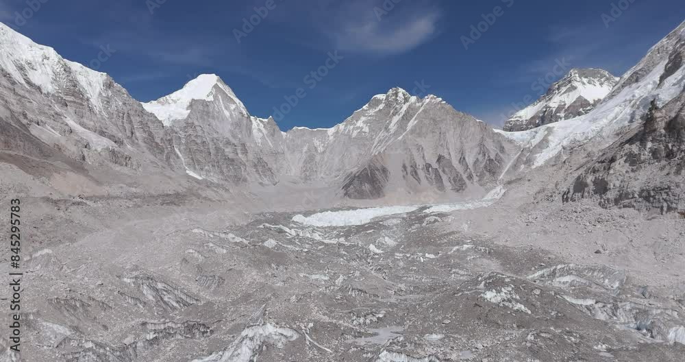 Drone captures Khumbu Glacier at Everest Base Camp, Nepal, showing reduced snow and melting due ...