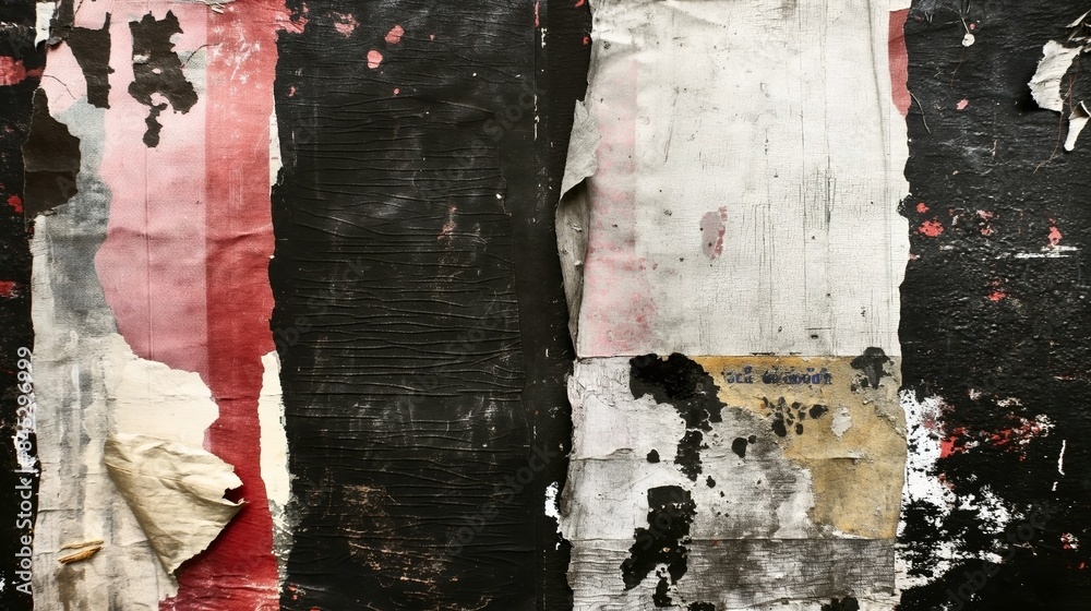 Abstract grunge wall with layers of peeling, torn posters and faded ...