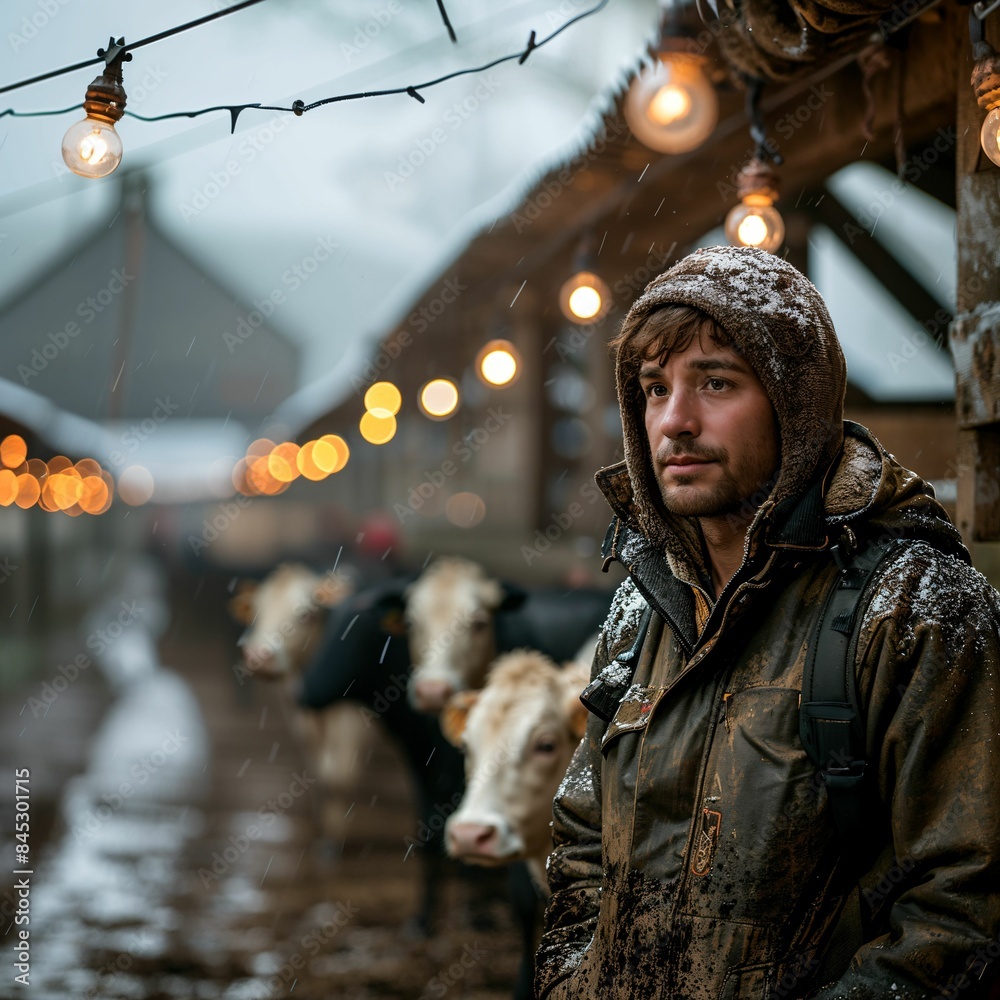 A dairy farm worker tending to cows, with milking machines and a rustic ...