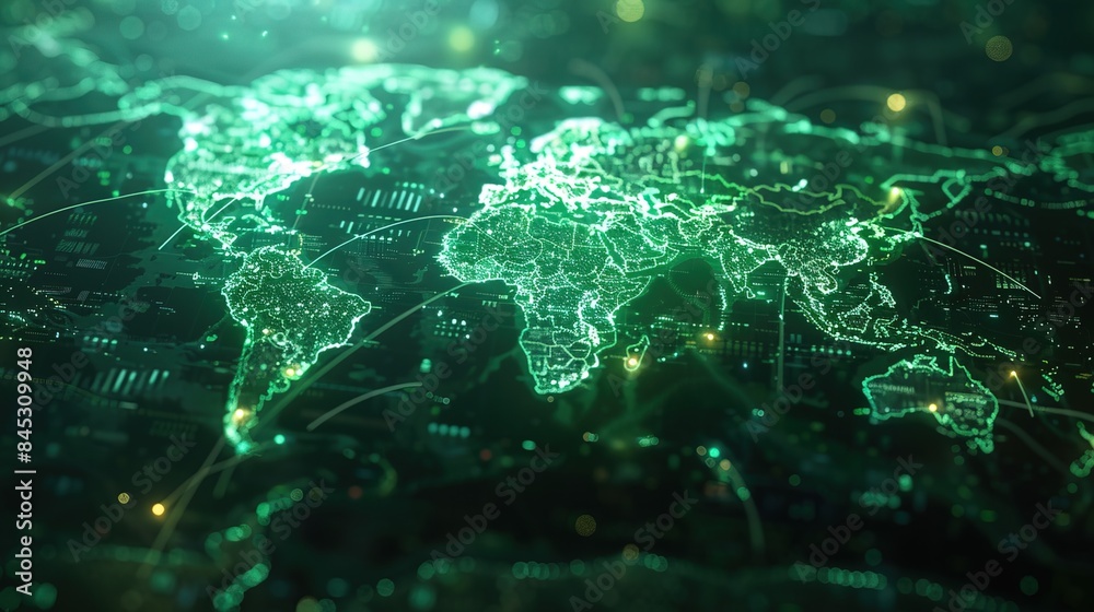 World map animated with connections between nations through neon green ...