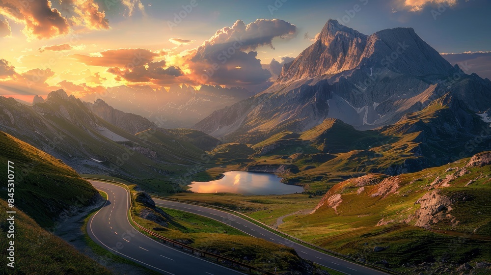 Foto de Empty highway between mountain peaks in the Alps, a lake in a ...