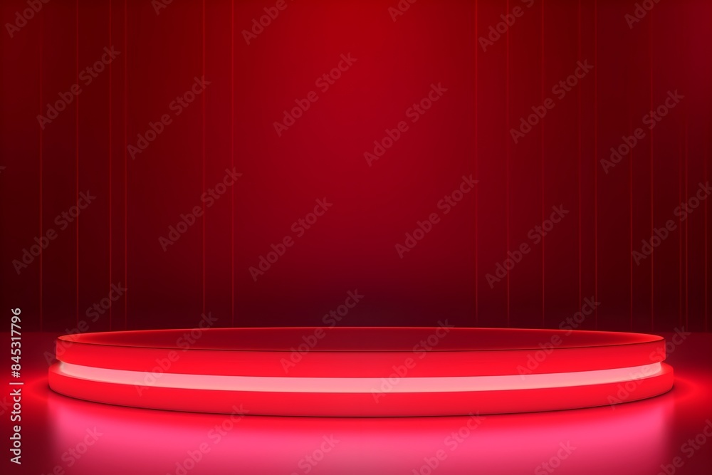 Glowing round red stage with noen lights on a red background with ...