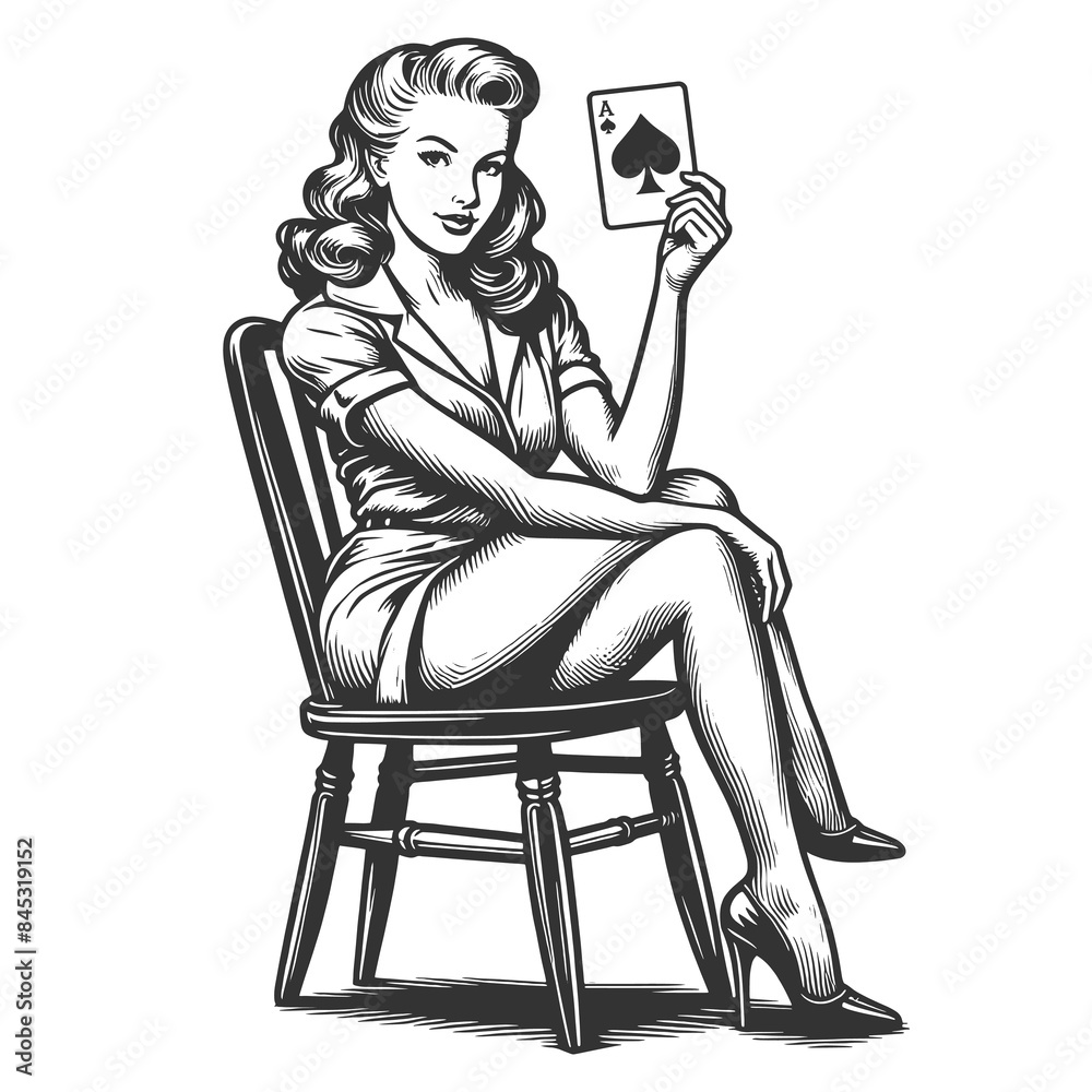 pin-up girl displaying an Ace of Spades card, symbolizing luck and ...