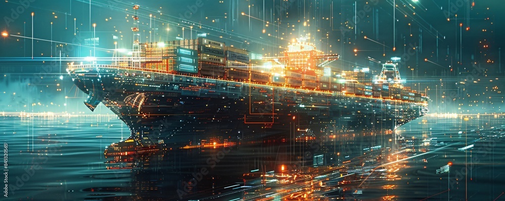 Magazine cover featuring a futuristic cargo container ship with ...