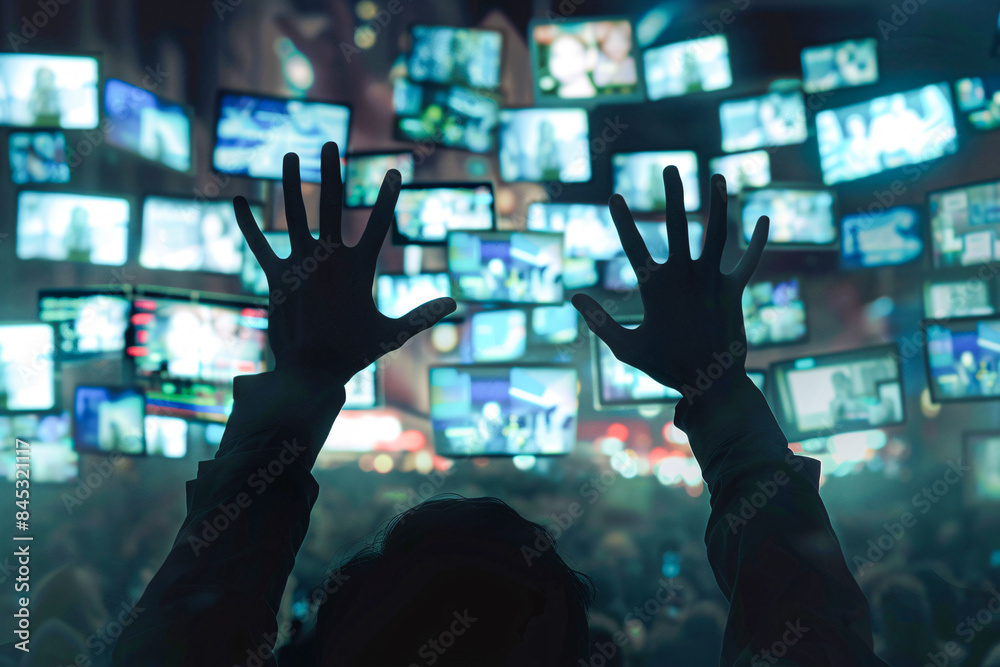 Person overwhelmed by numerous screens in a digital age, symbolizing ...