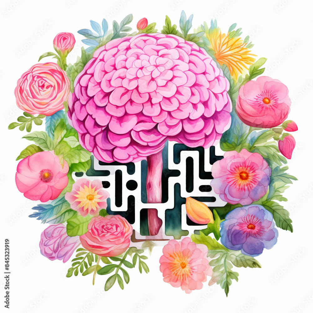 A vibrant watercolor painting of a brain shaped like a labyrinth ...