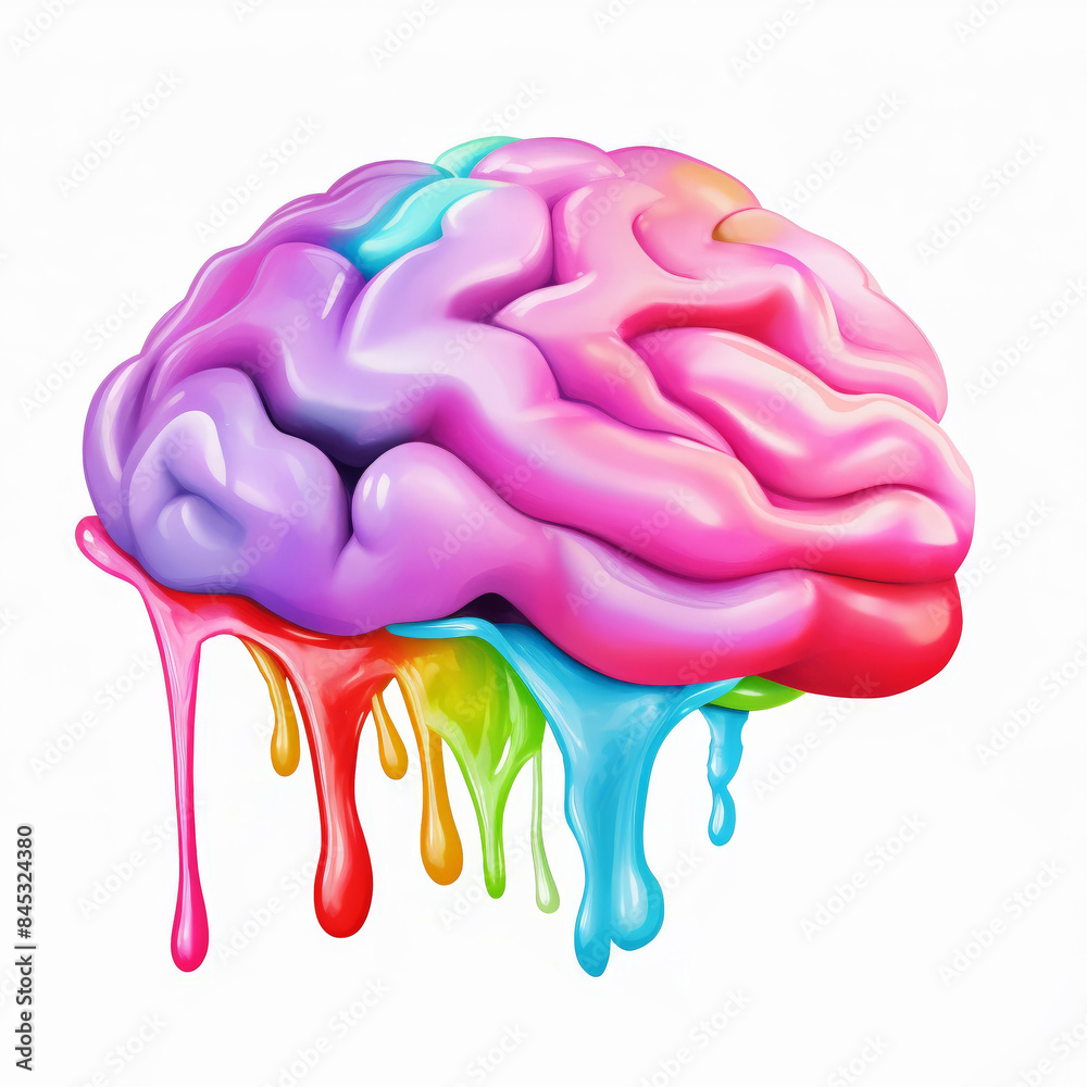 Minimalist watercolor clipart of Vibrant brain melting like wax, colors ...