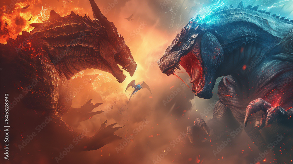 Two massive mythical creatures, one bathed in fire and the other in ice ...