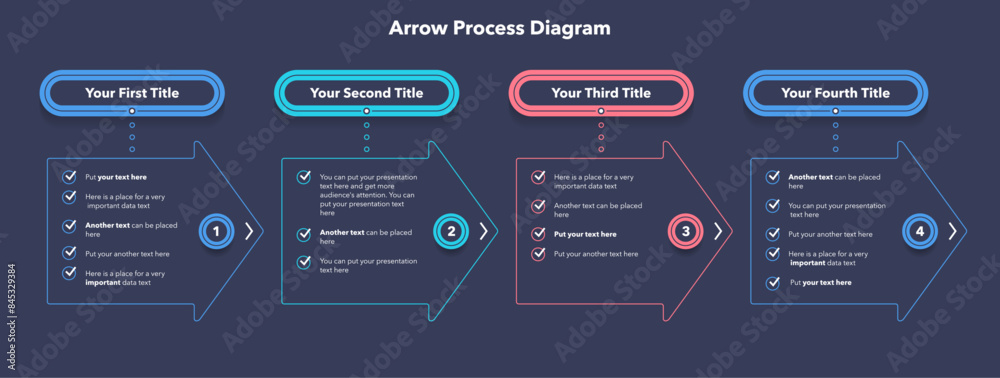 Arrow process diagram with four stages - dark version. SImple ...