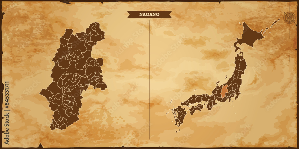 Nagano state map, Japan map with federal states in A vintage map based ...
