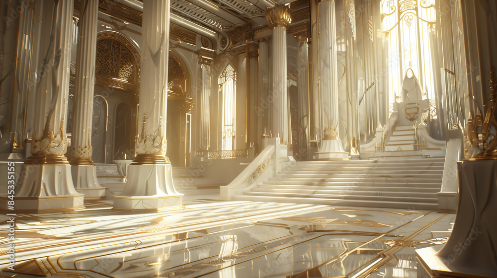Majestic throne room adorned with white and gold columns, intricate ...