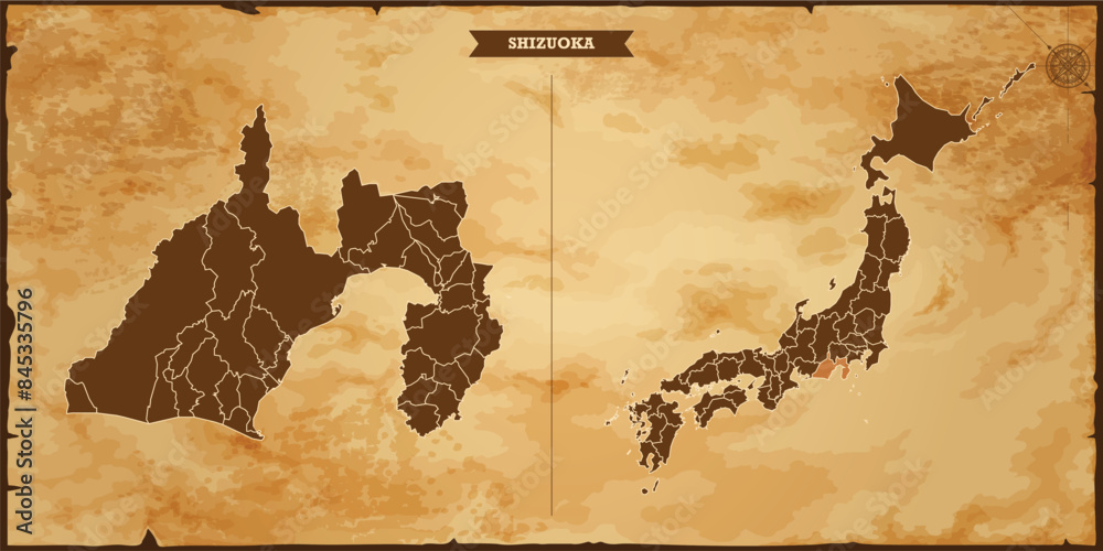 Poster Shizuoka state map, Japan map with federal states in A vintage ...