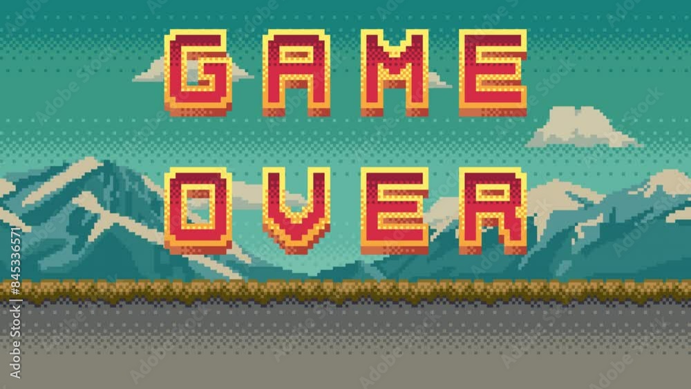 Animated Game Over text on 8 bit video game background. Pixel art ...