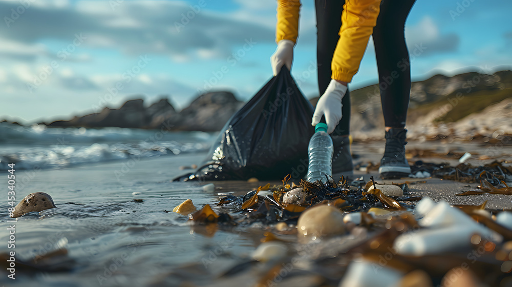 Person picking up plastic bottles and trash on a beach, demonstrating ...