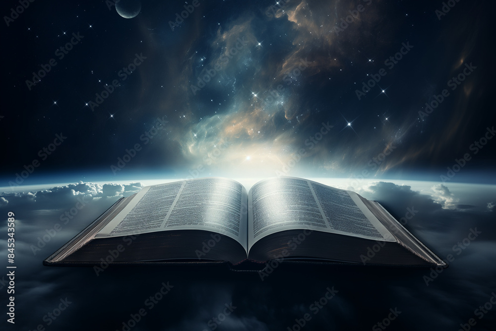 The word of god concept art. open bible over planet earth. Ethereal ...