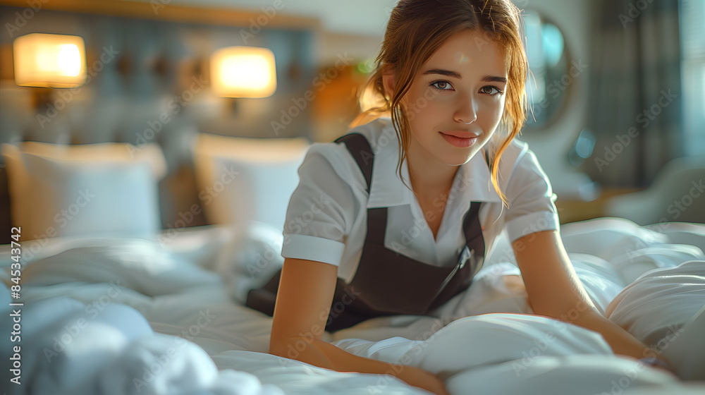 Female housekeeper making the bed in a modern design hotel room, the ...