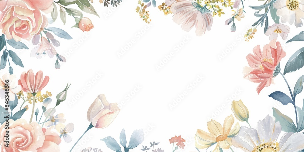 pastel watercolor illustration featuring a floral border with soft ...