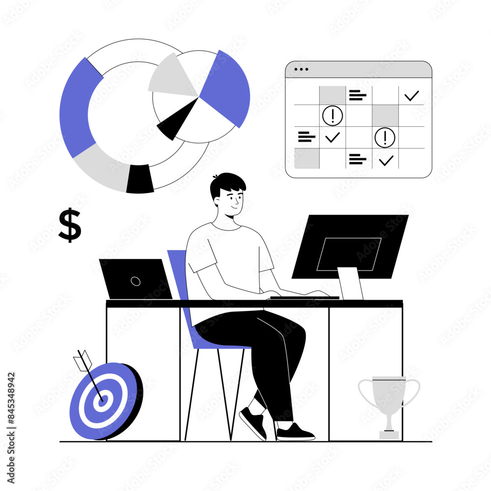 Digital business concept. Man manages work process of e-business ...