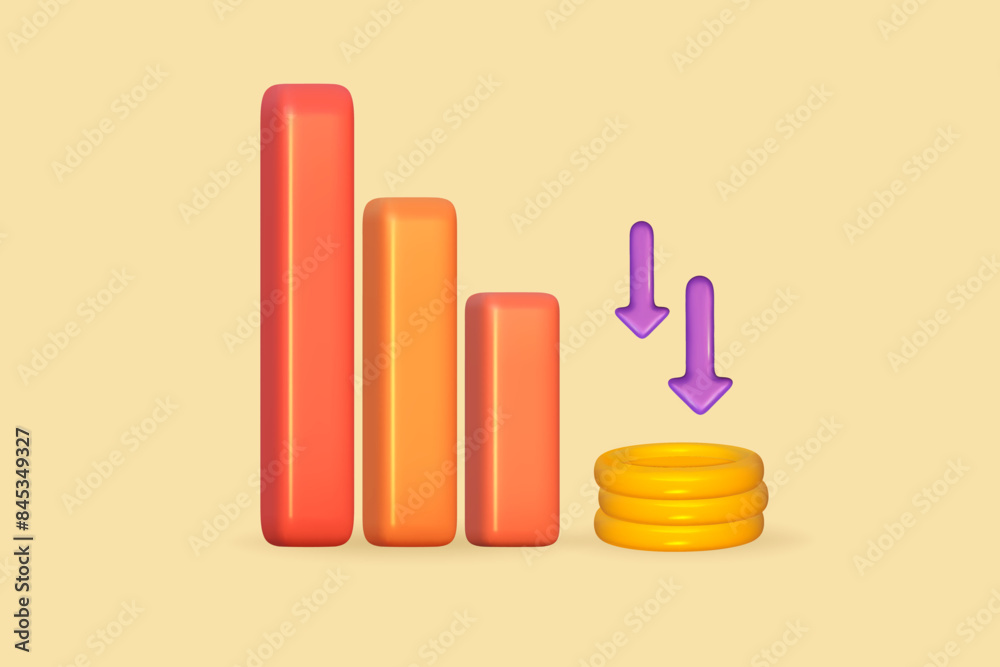 3d coin gold stack with down bar. 3d money with arrow on graph down ...