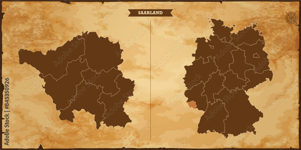 Saarland state map, Germany map with federal states in A vintage map ...