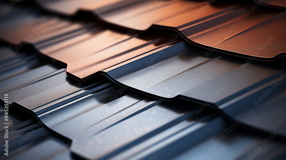 Close-Up of Modern Metal Roof Shingles with Rain Droplets, Highlighting ...