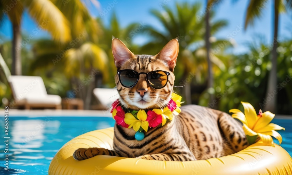 Summer vibes as a Bengal cat with sunglasses l lounges on a yellow ...