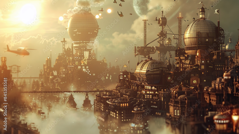 steampunk air city, floating city, sky city, airborne metropolis, cloud ...