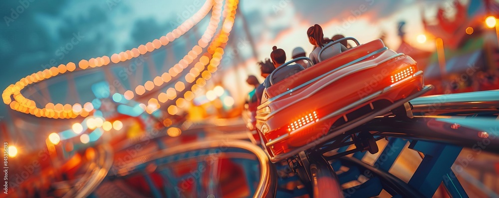 Summer Roller Coaster Focus on a roller coaster with people riding ...