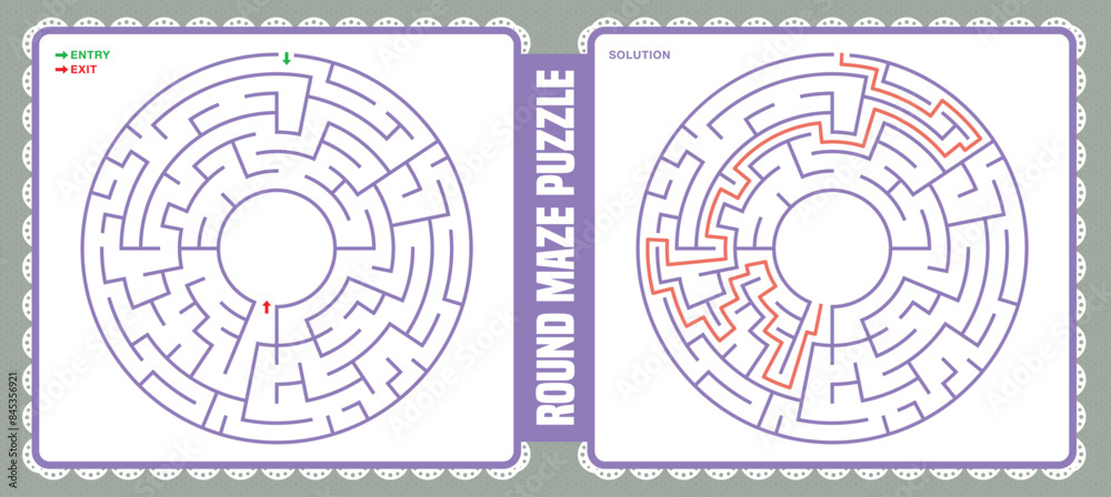 Round maze isolated on soft color backgrounds with solutions image ...
