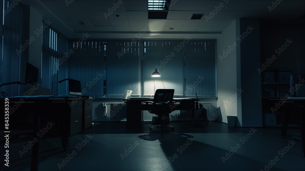 Dark, empty office with single desk lamp casting shadows, creating an ...