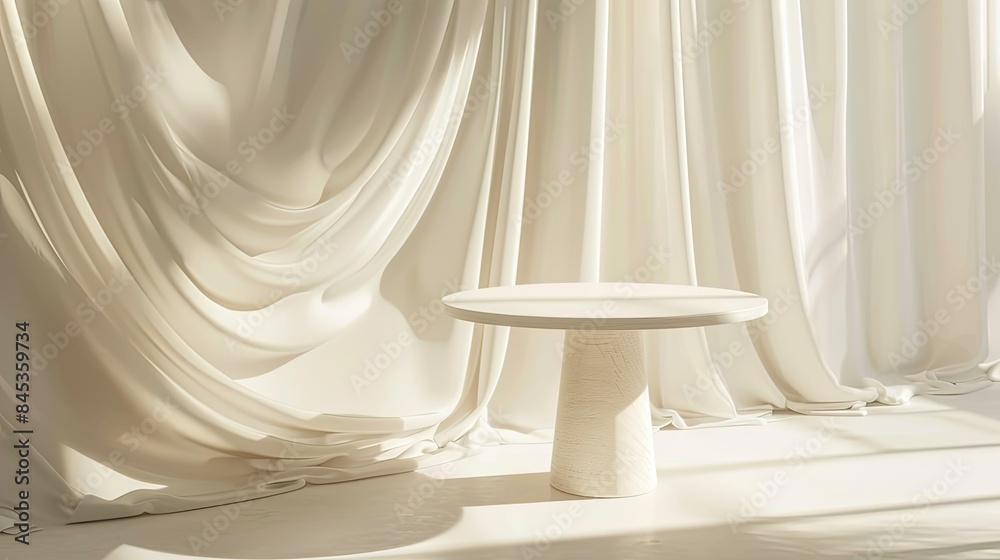 Empty modern glossy white round podium side table wood leg in soft ...