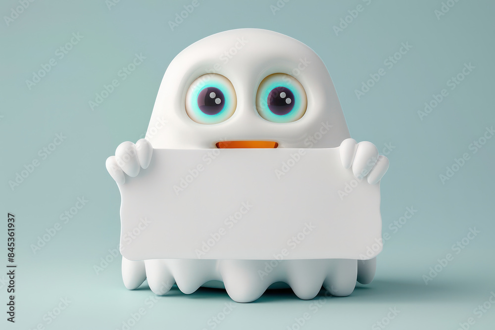 Adorable Cartoon Ghost Holding Blank Sign on Light Blue Background for ...