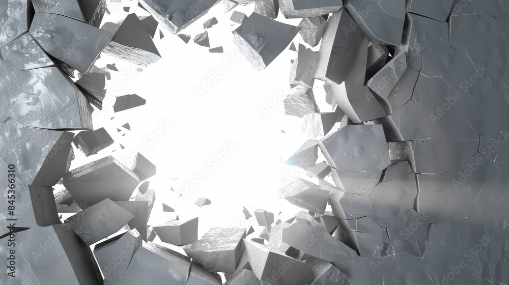 Shattered wall with volume light streaming through a central hole. The ...