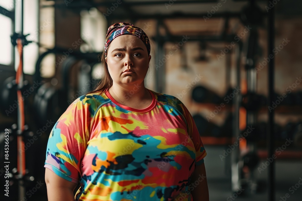Very fat young woman with a sad face stands in the fitness center next ...