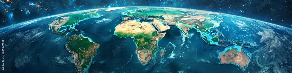 Flat view of the Earth from space. Detailed physical map of the world ...