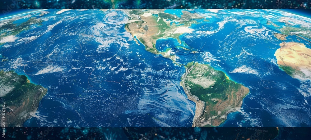 Flat view of the Earth from space. Detailed physical map of the world ...