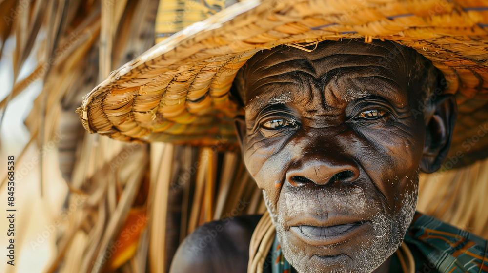 An elderly African tribesman wearing a traditional hat, with a woven ...