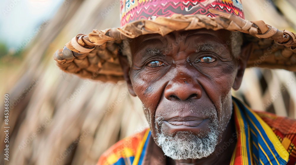 An elderly African tribesman wearing a traditional hat, with a woven ...