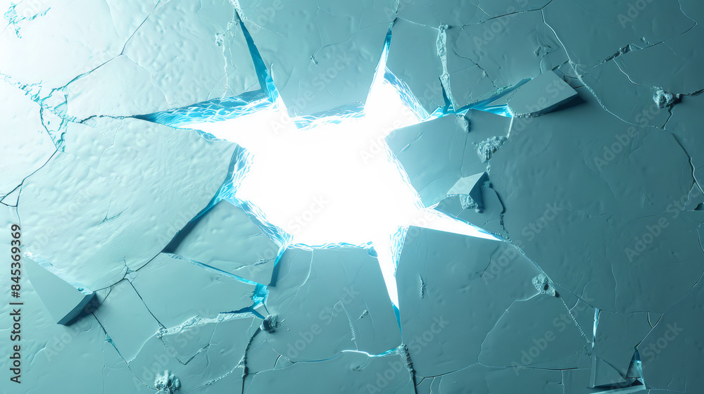 Damaged ice wall with a large hole and light beams shining through. The ...
