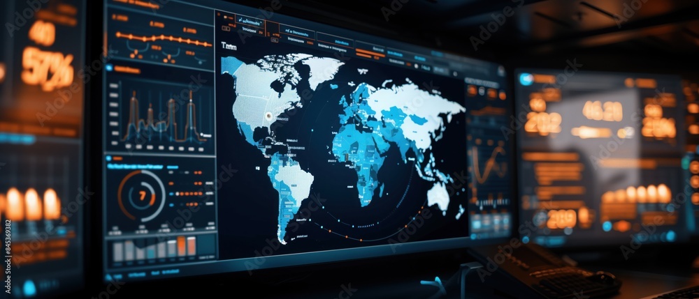 Dynamic dashboard showing world map data and charts on a dark monitor ...