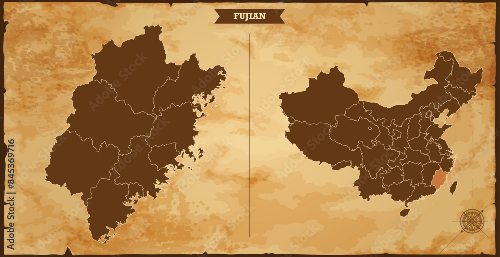Fujian state map, China map with federal states in A vintage map based ...