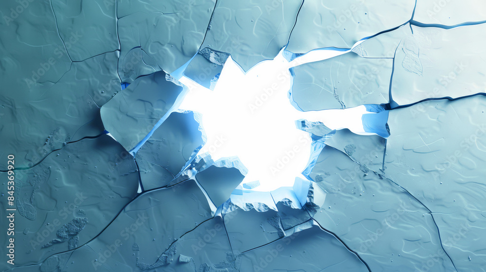 Shattered ice wall with volume light streaming through a central hole ...