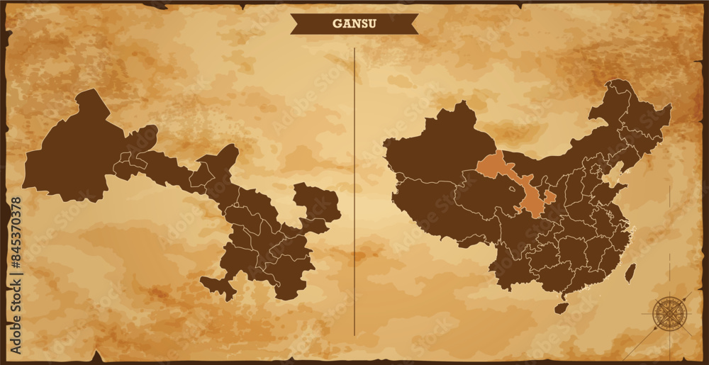 Gansu state map, China map with federal states in A vintage map based ...