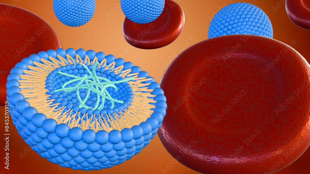 3d rendering of liposome inside of blood vessel with red blood cells ...