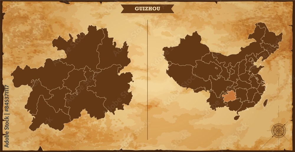 Poster Guizhou state map, China map with federal states in A vintage ...