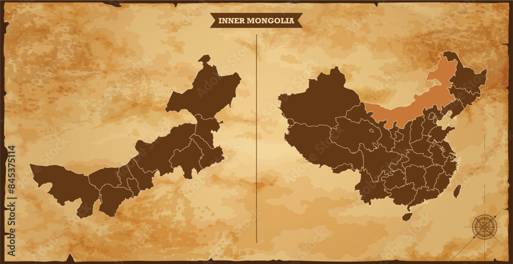Inner Mongolia state map, China map with federal states in A vintage ...